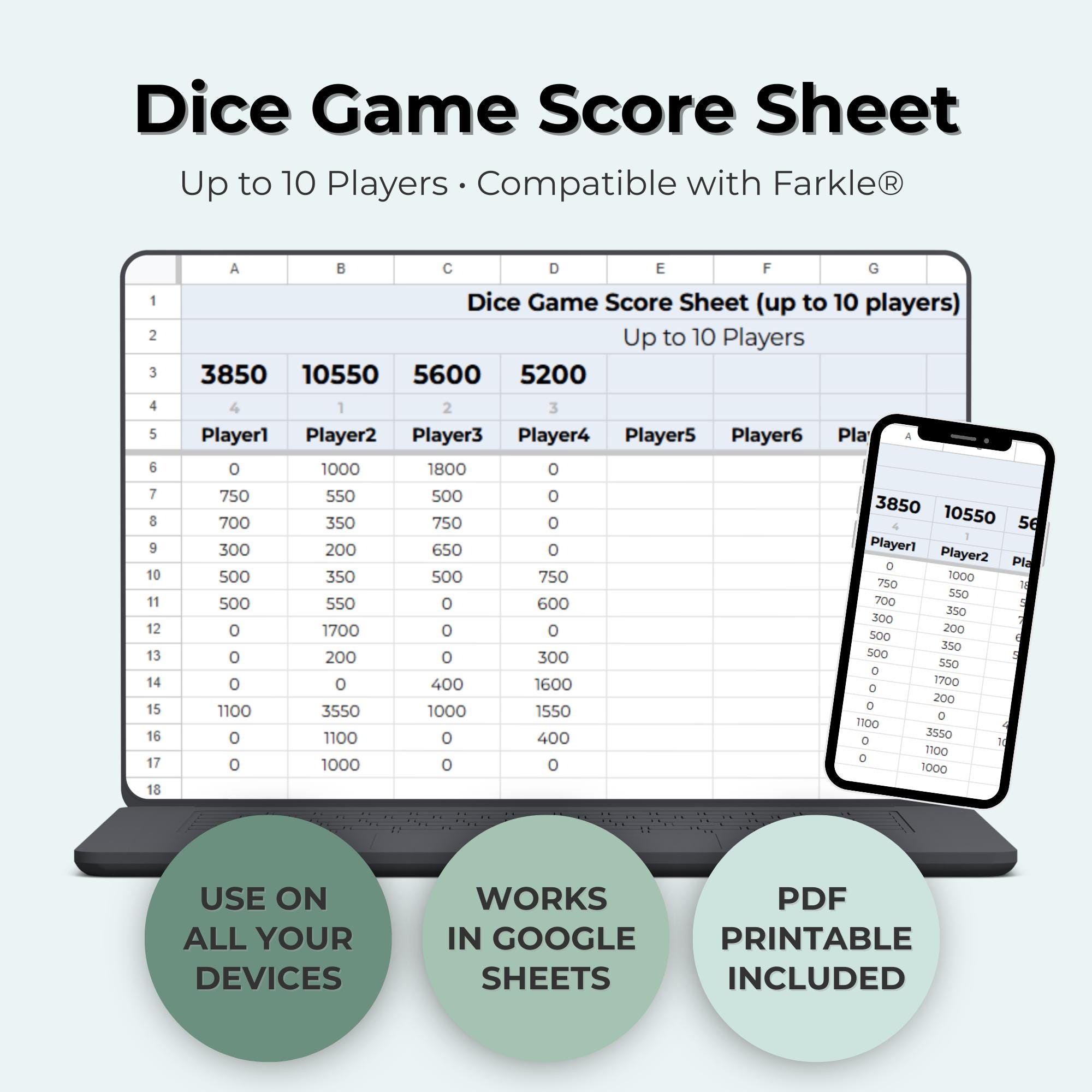 Dice Game Score Sheet | Printable PDF + Google Sheets | Compatible With ...