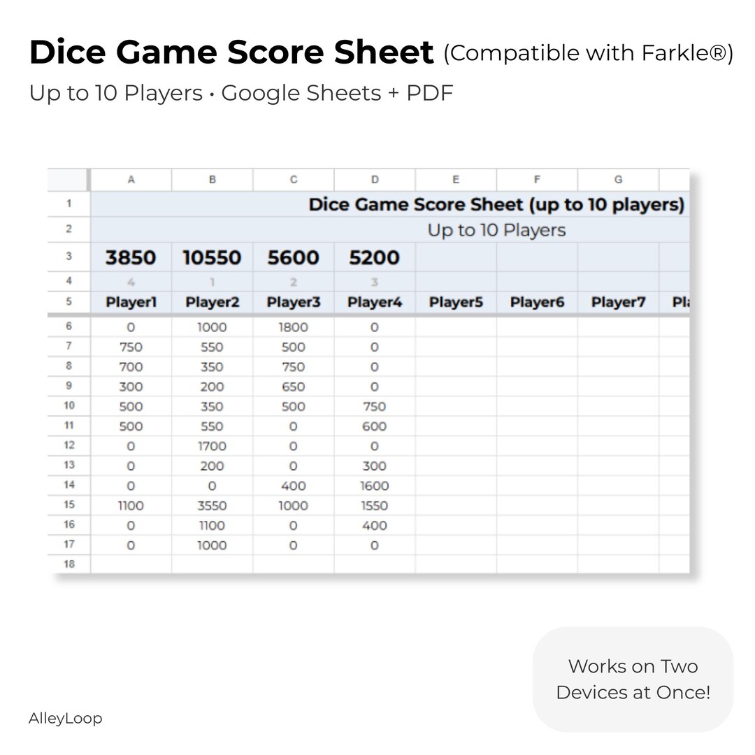 Dice Game Score Sheet | Printable PDF + Google Sheets | Auto ...