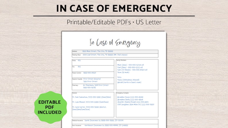 In Case of Emergency Printable & Editable - Etsy