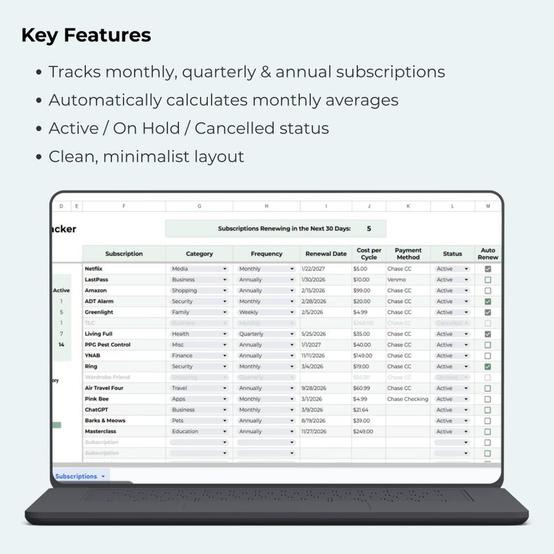 Subscription Tracker Spreadsheet | Google Sheets | Recurring Bills ...