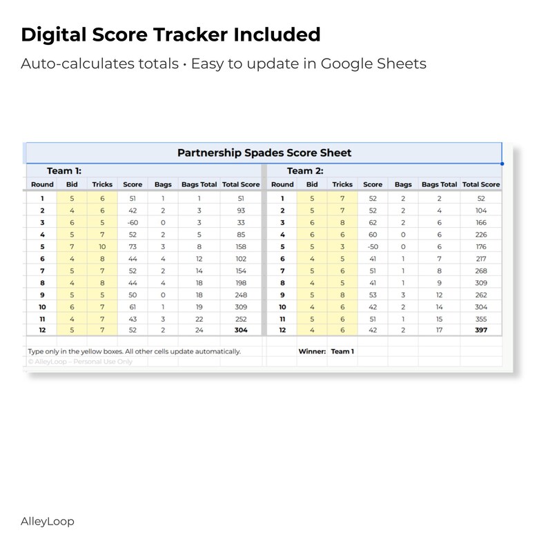 Partnership Spades Score Sheet | Google Sheets + Printable PDF | Auto ...