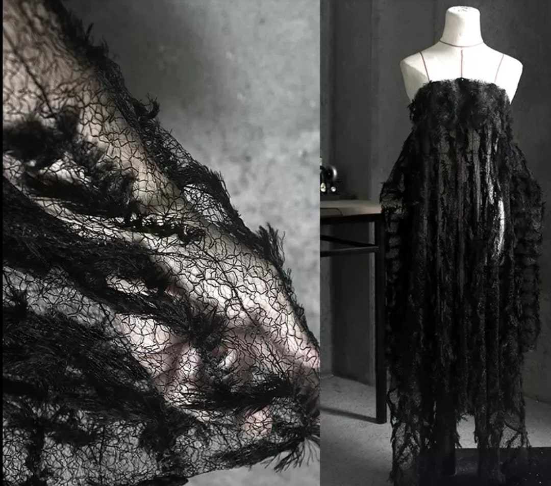 Black Lace Fabric, Irregular Hollow Mesh Fabric, Lightweight Fringed ...