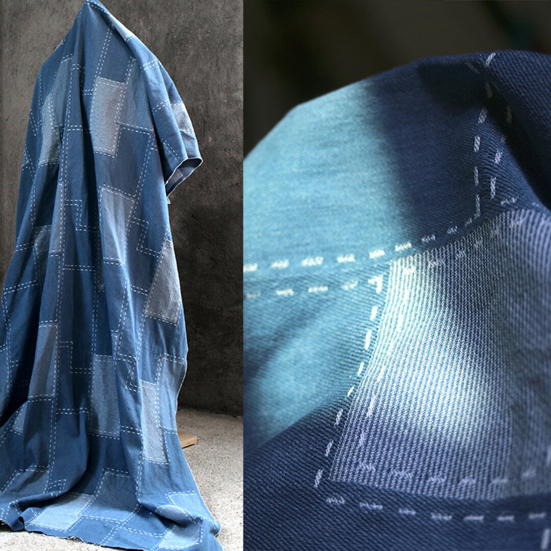 100% Cotton Denim Fabric, Blue White Denim Fabric, Large Plaid Denim ...