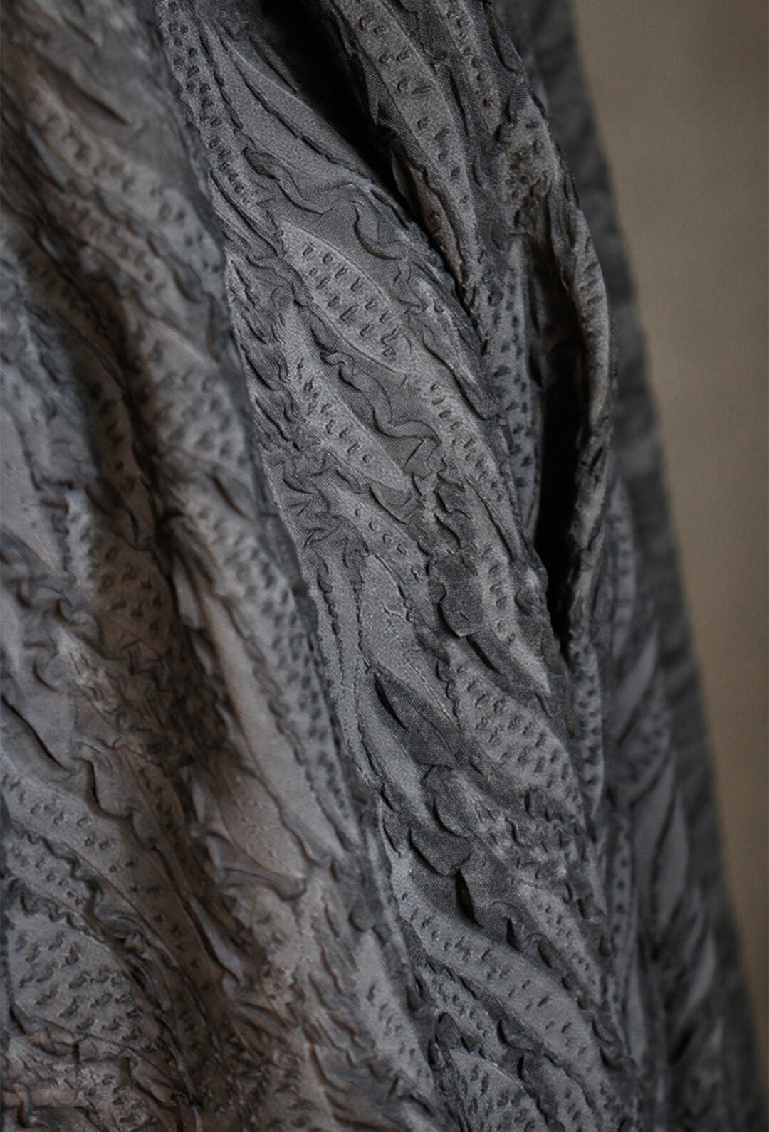 Grey Black Sheer Textured Fabric, Pleated Fabric, Haute Couture Fabric ...