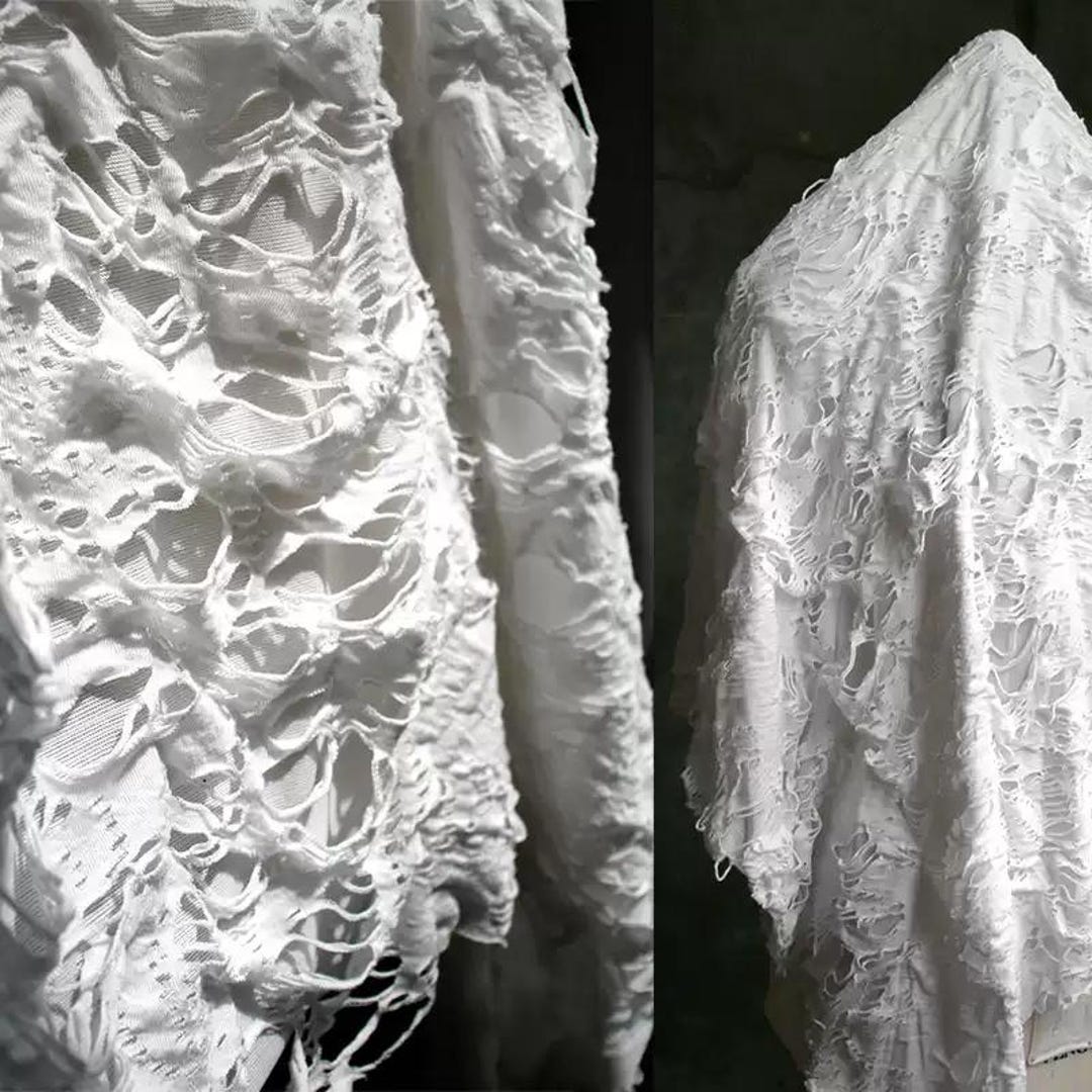 White Stretch Knit Fabric, Distressed Fabric, Tattered Knit Fabric ...