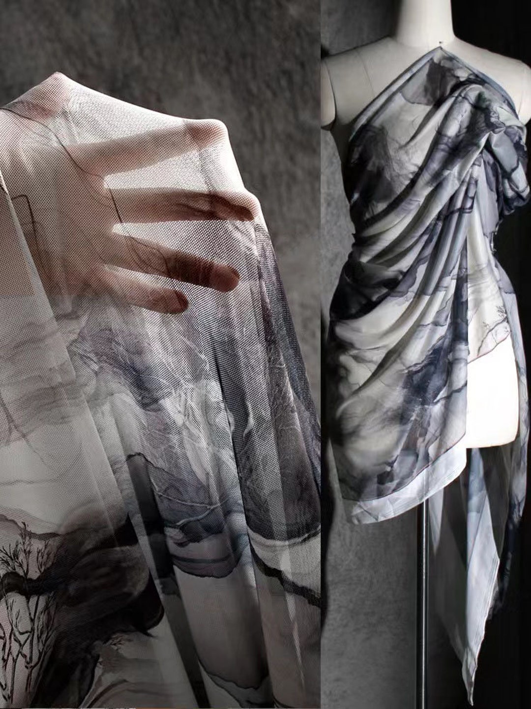 Stretch Mesh Fabric, Lightweight See-through Fabric, Plant-printed ...