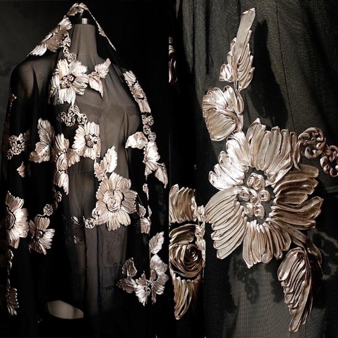 Black Lace Mesh Fabric, Transparent Fabric With Flowers, 3D Flower ...