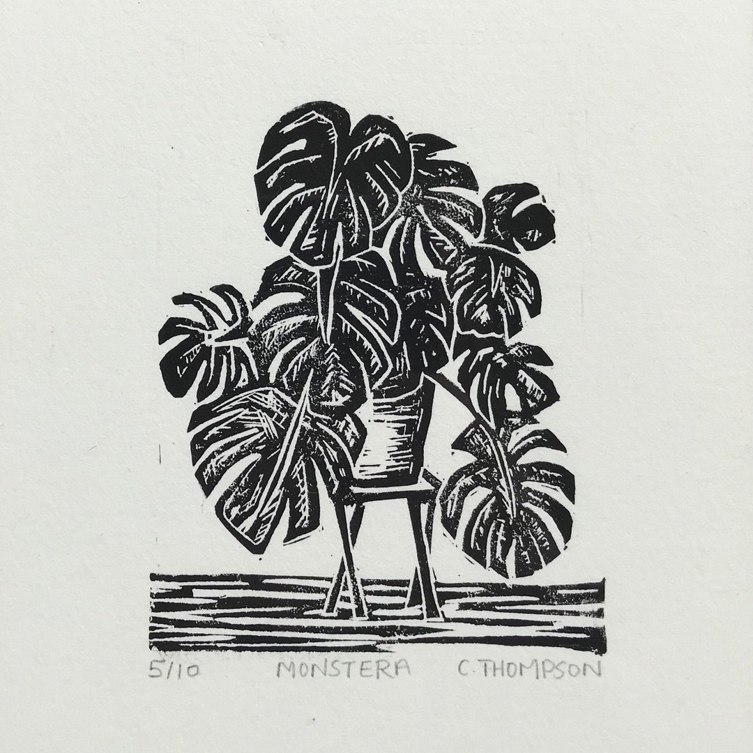 Monstera Linocut in Black, Plant Linocut, Houseplant Blockprint Art ...