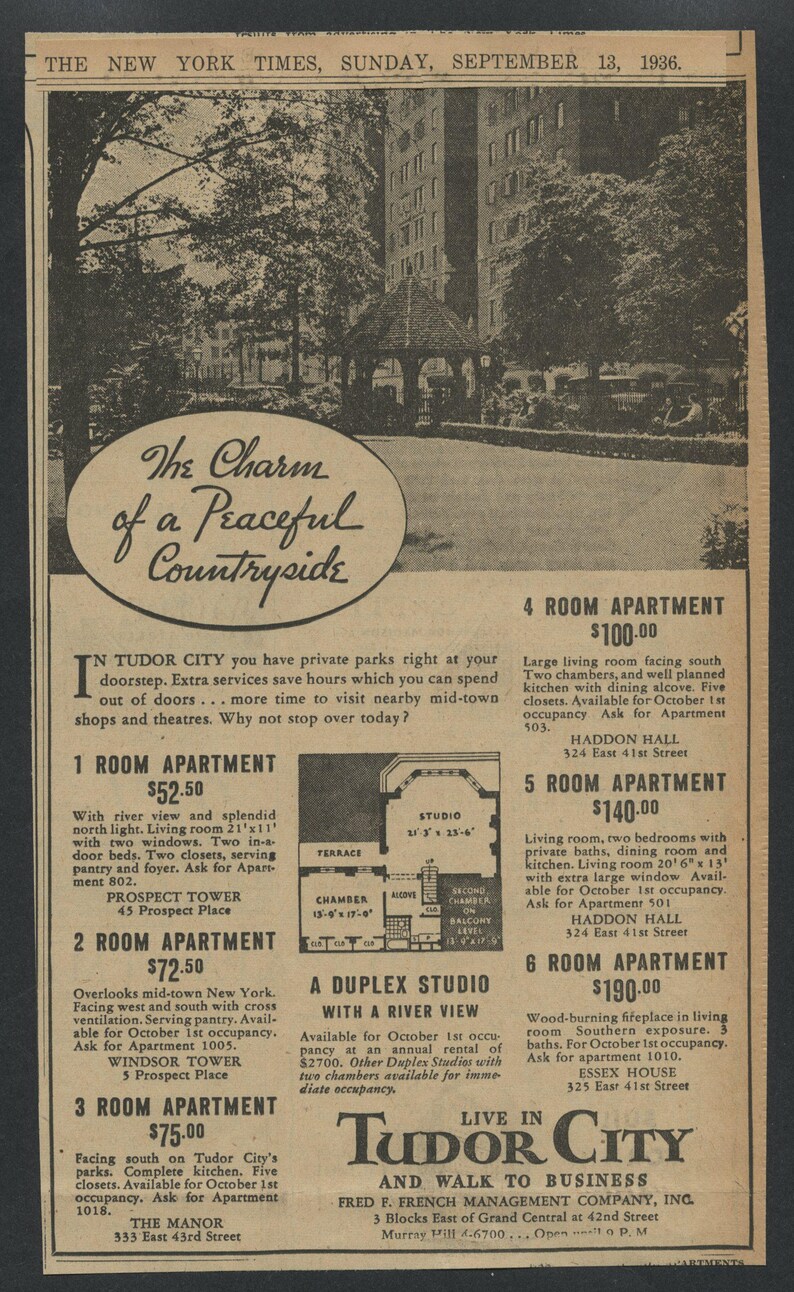 07721936 Tudor City Manhattan Apt Ads Pleasant Shade Private Parks - Etsy