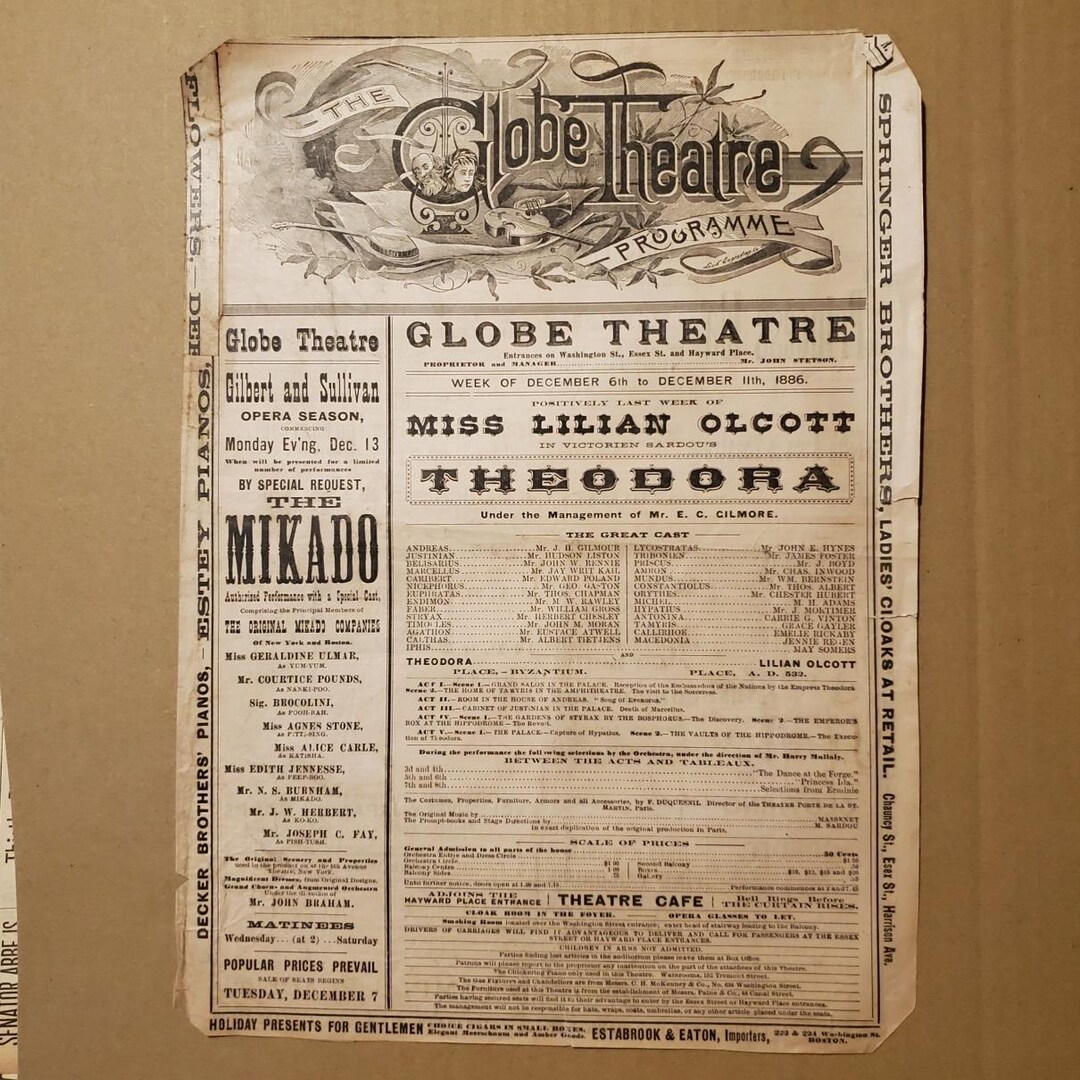5180----1886 Globe Theatre Programme Boston - Lillian Olcott - Etsy