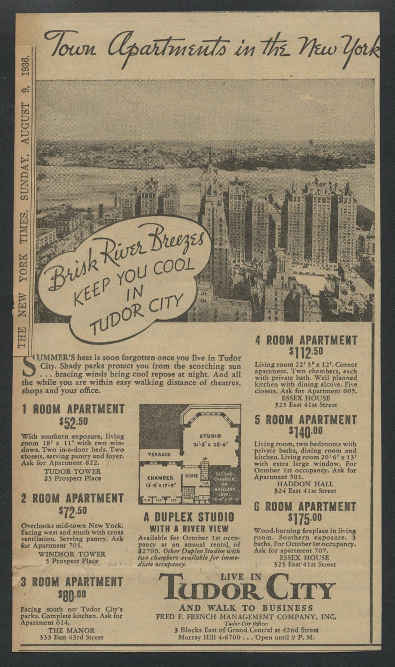 07721936 Tudor City Manhattan Apt Ads Pleasant Shade Private Parks - Etsy