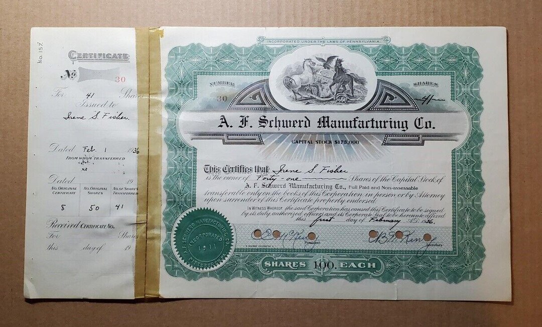 10891936 A.F. Schwerd Stock Certificate North Side Pittsburgh Fire in ...
