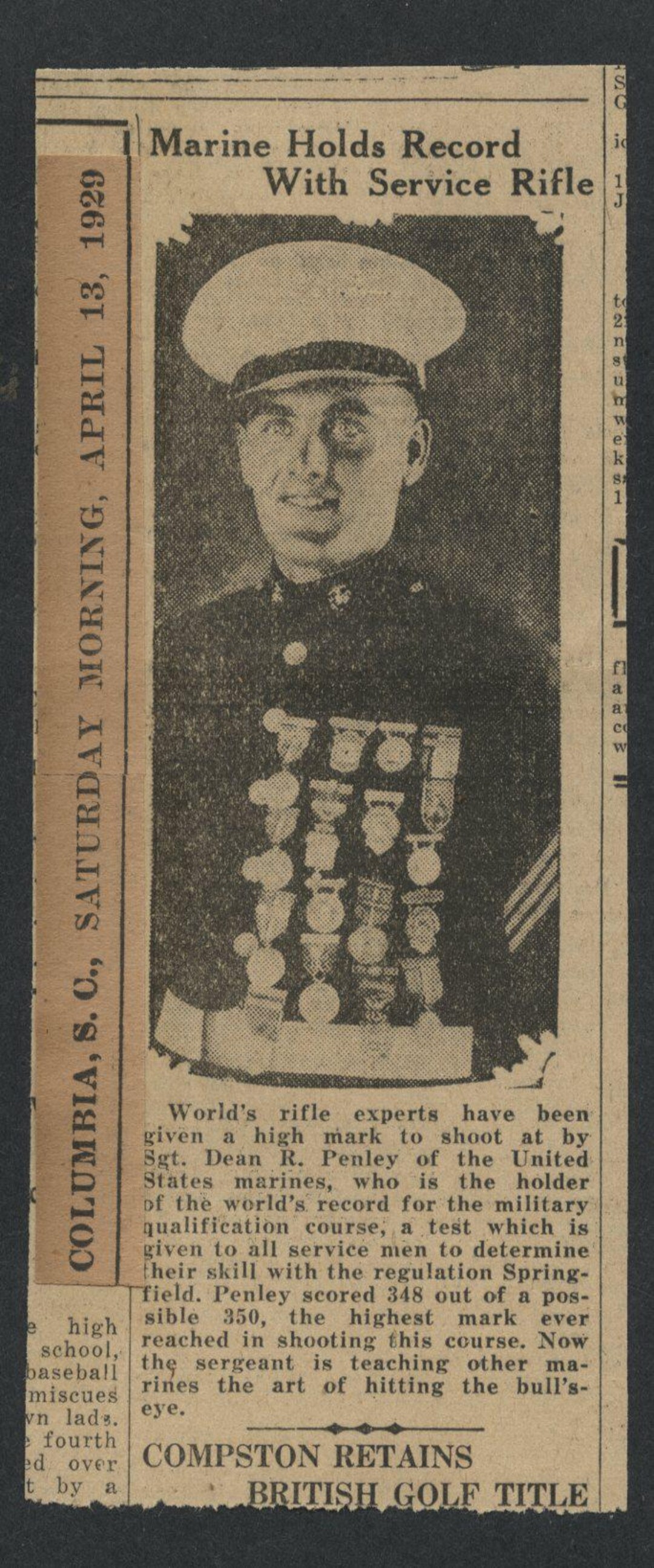 0338----1929 USMC Sgt. Dean R. Penley Clipping Rifle Record ...