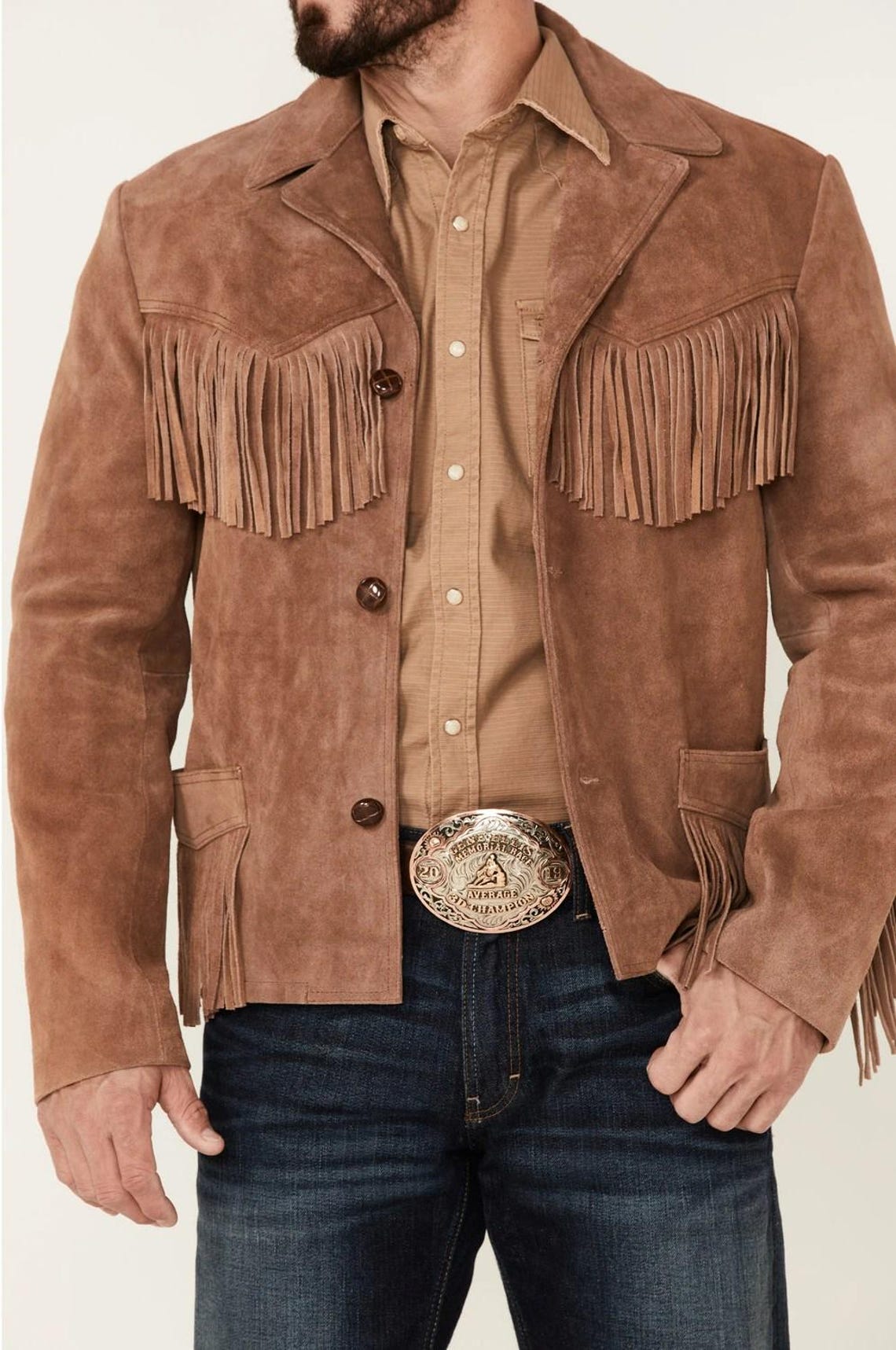 Men's Handmade Western Cowboy Brown Suede Leather Jacket With Fringes ...