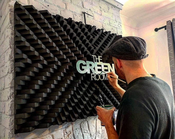 Wood Acoustic Panel Business Logo LED Wall Art Geometric Wall Hanging ...