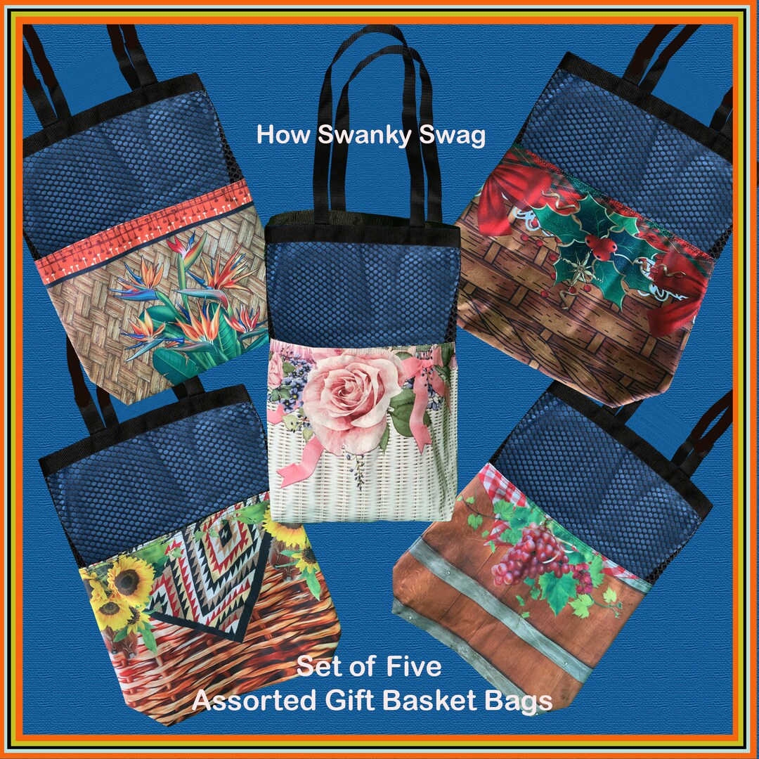 Gift Basket Bags: Set Five Assorted Seasonal Designs, Mesh Top Reusable ...