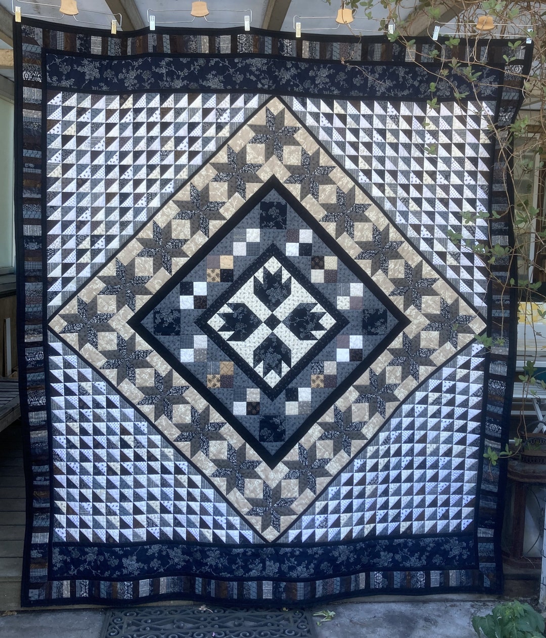 Handmade BEO Patchwork Quilt in Brown/black/creme - Size at 74*84" (187*213cm) - A Christmas ...