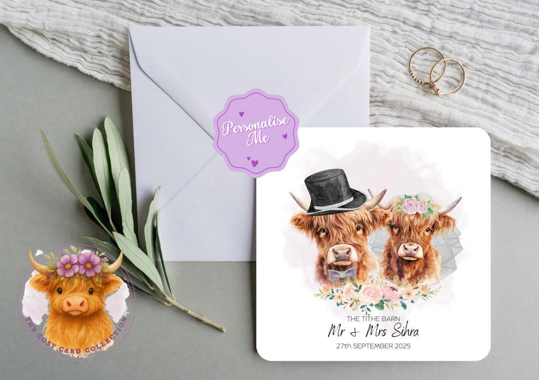 Highland Cow Wedding Card | Custom Mr & Mrs Card | Couples Wedding Card ...