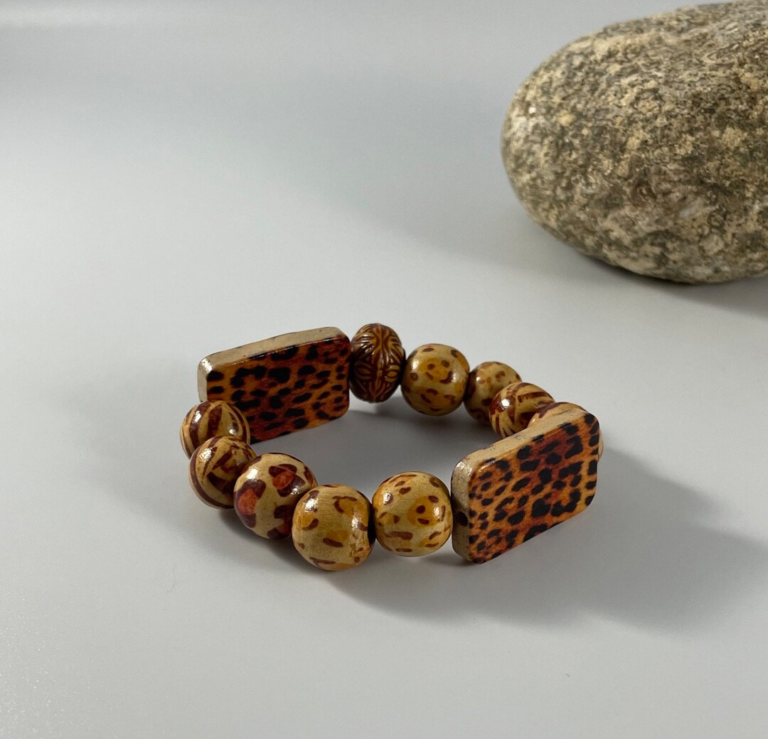 Wood Beaded Leopard Pattern Bracelet - Etsy