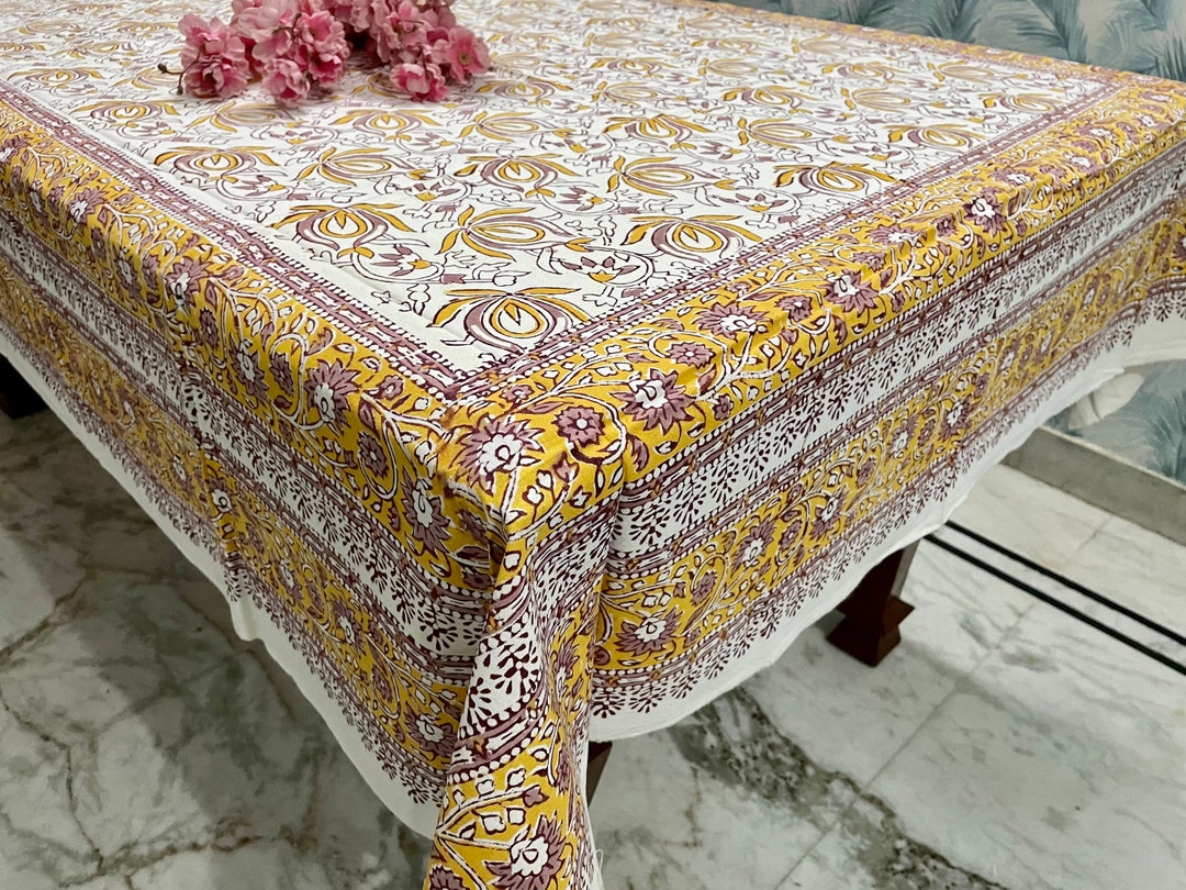 Yellow & White Floral Border Design Hand Block Print Table Cover ...