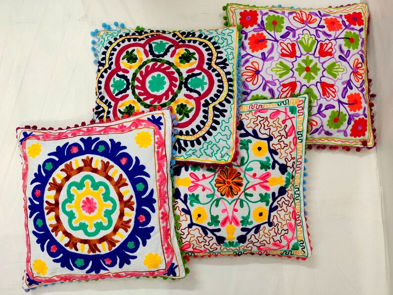 Set of 4 Pcs ,indian Hand Embroidered Cushion Cover Suzani Cushion ...