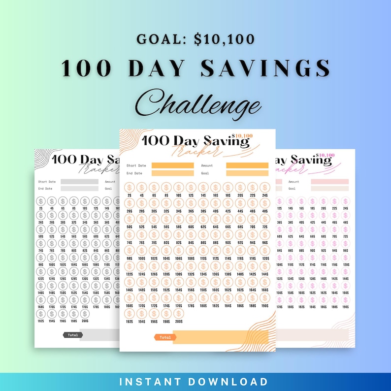 100 Day Challenge | Printable Savings Goal | 10,100 Saving Tracker ...