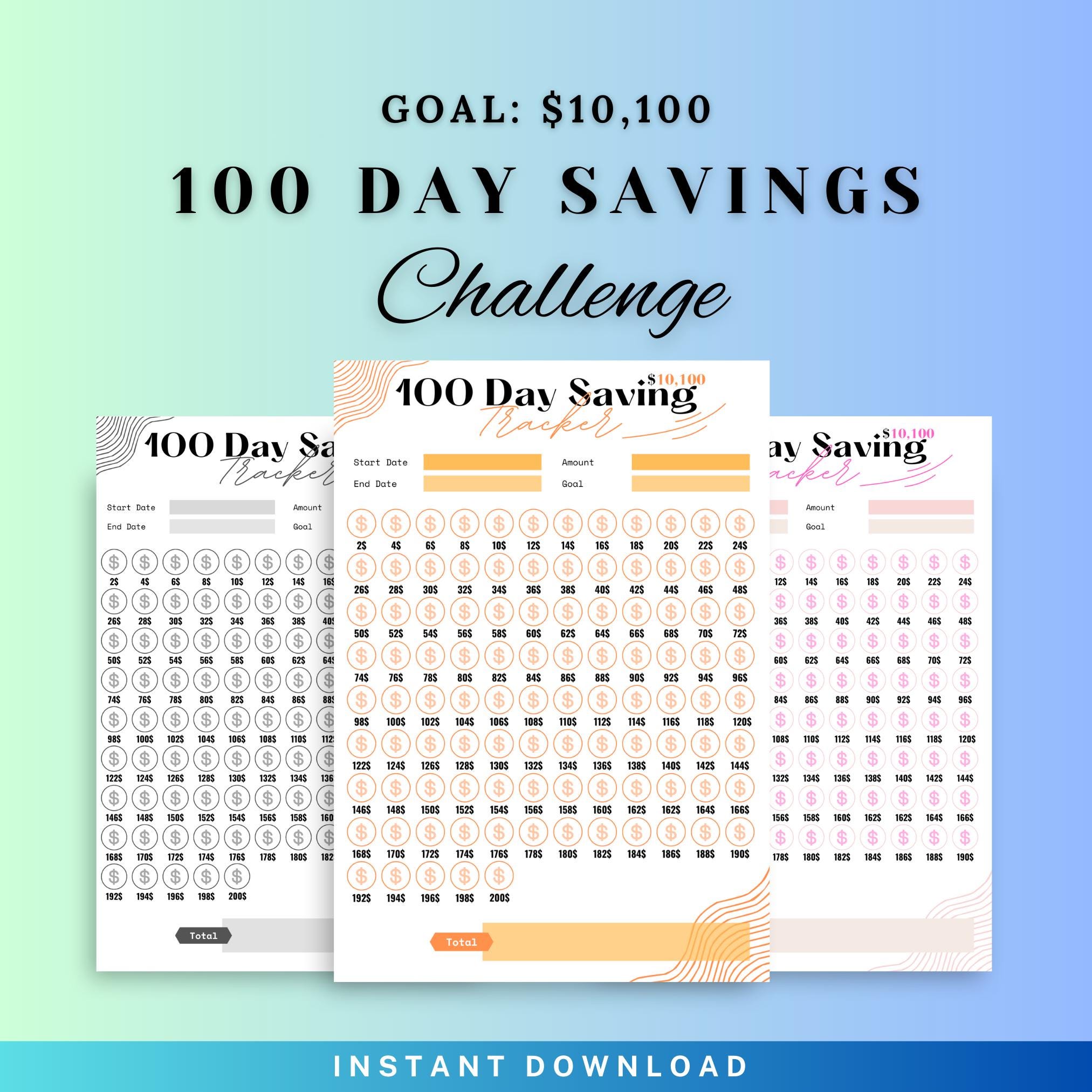 100 Day Challenge | Printable Savings Goal | 10,100 Saving Tracker ...