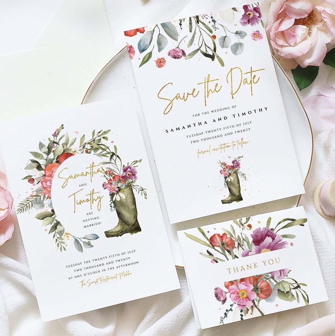 Wellie Wedding Invitation Wellington Boot Floral Wedding - Etsy