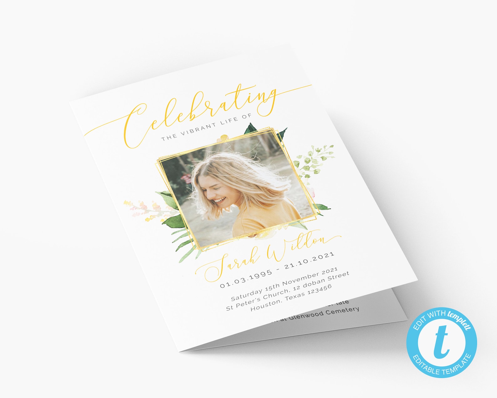 Yellow Funeral Program, Order of Service, Printable Funeral Template ...