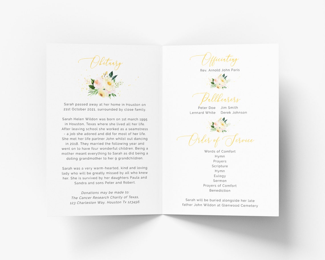 Yellow Funeral Program, Order of Service, Printable Funeral Template ...