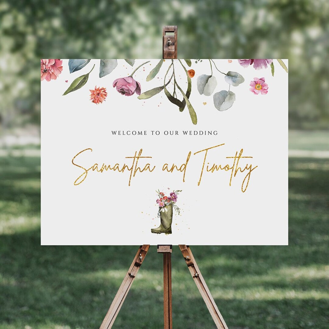Wellie Wedding Welcome Sign, Wellington Boot Sign, Floral Wedding Sign ...