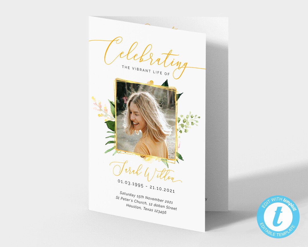 Yellow Funeral Program, Order of Service, Printable Funeral Template ...