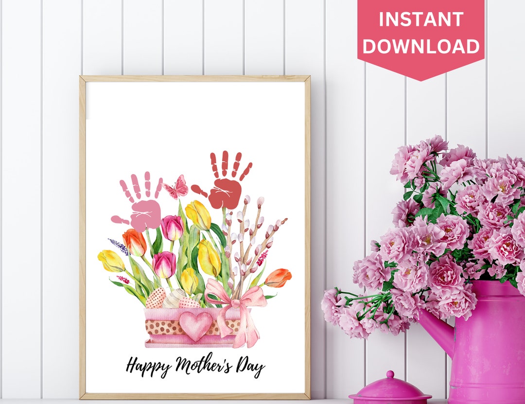 Mothers Day Handprint Flowers Bouquet Gift Mothers Day Sign Handprint ...