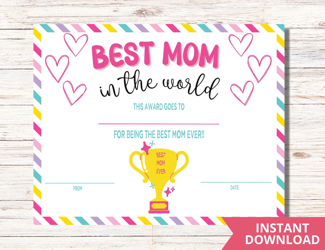 Printable Best Mom Award | Mother's Day Printable PDF| Mother's Day ...