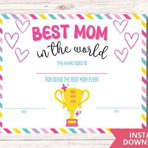 Printable Best Mom Award | Mother's Day Printable PDF| Mother's Day ...