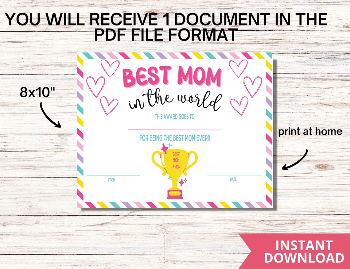 Printable Best Mom Award | Mother's Day Printable PDF| Mother's Day ...