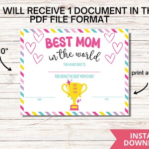 Printable Best Mom Award | Mother's Day Printable PDF| Mother's Day ...