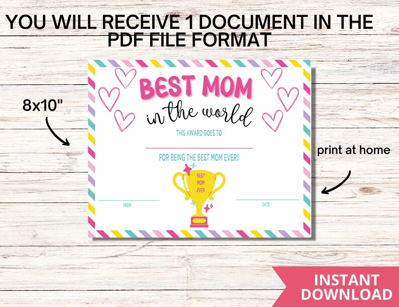 Printable Best Mom Award | Mother's Day Printable PDF| Mother's Day ...