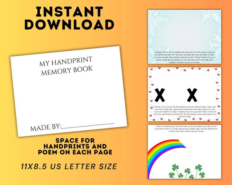 Monthly Handprint Art, Handprint Poem Memory Book, Printable Handprint ...