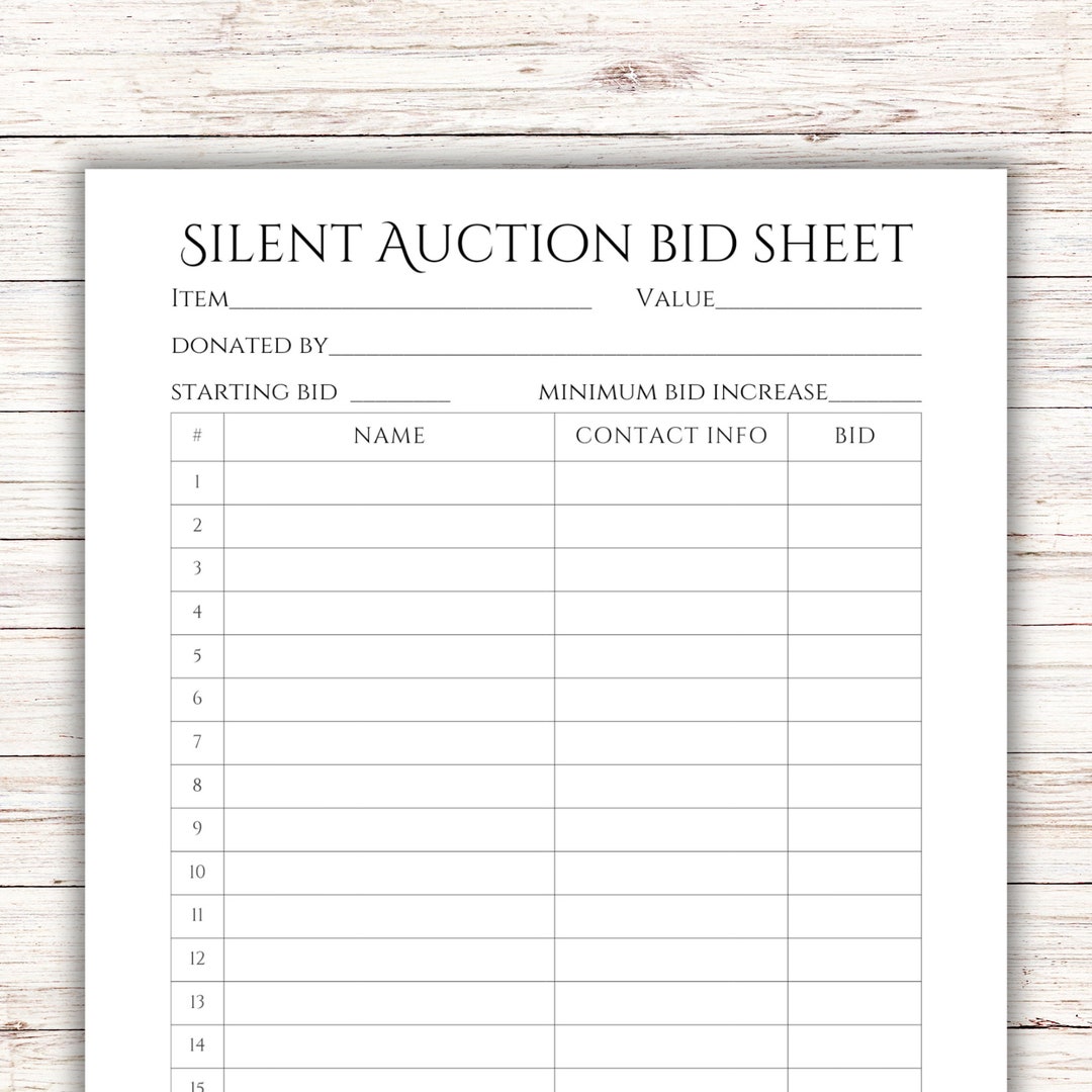 Silent Auction Bid Sheet| Silent Auction Form| Fundraiser Event ...