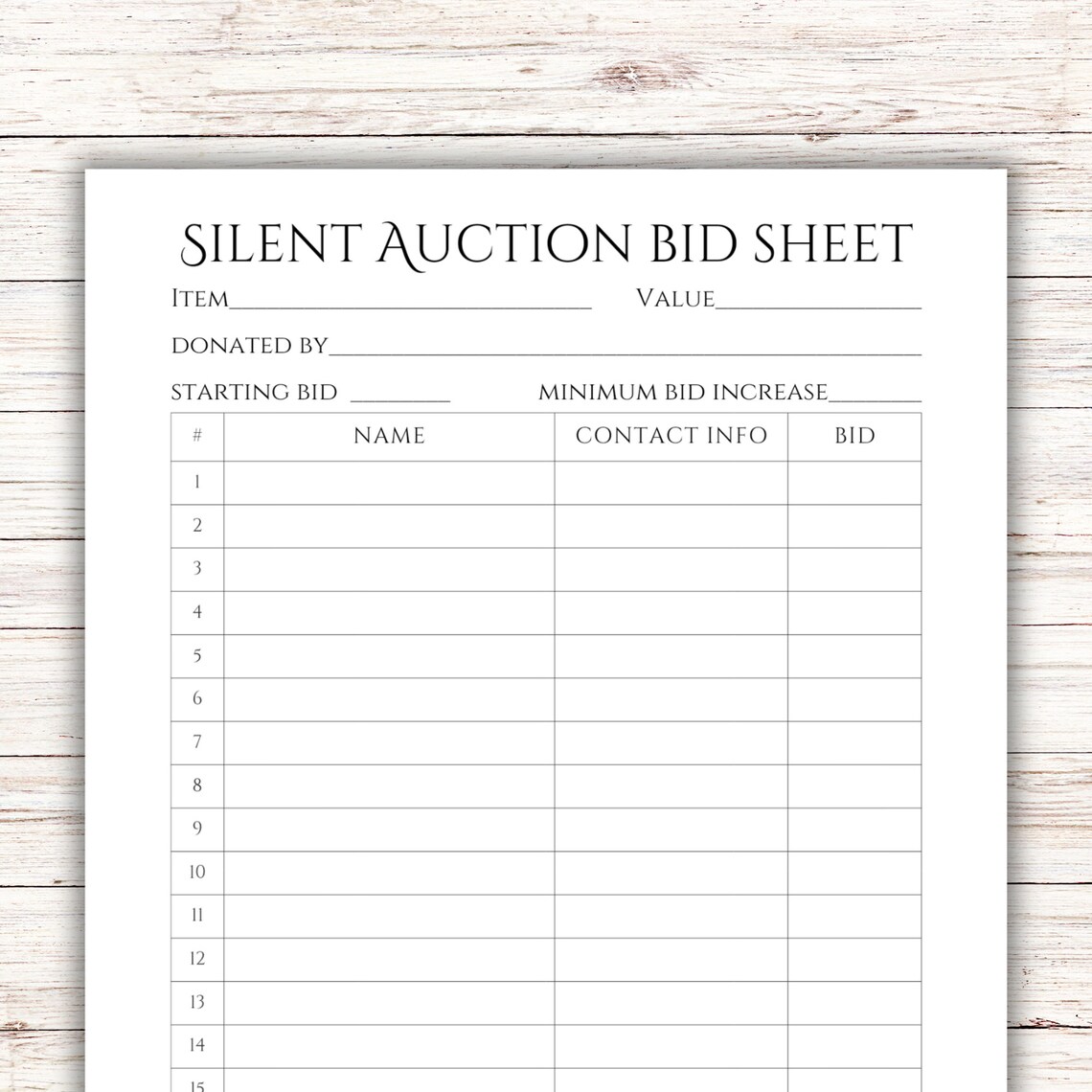 Silent Auction Bid Sheet| Silent Auction Form| Fundraiser Event ...