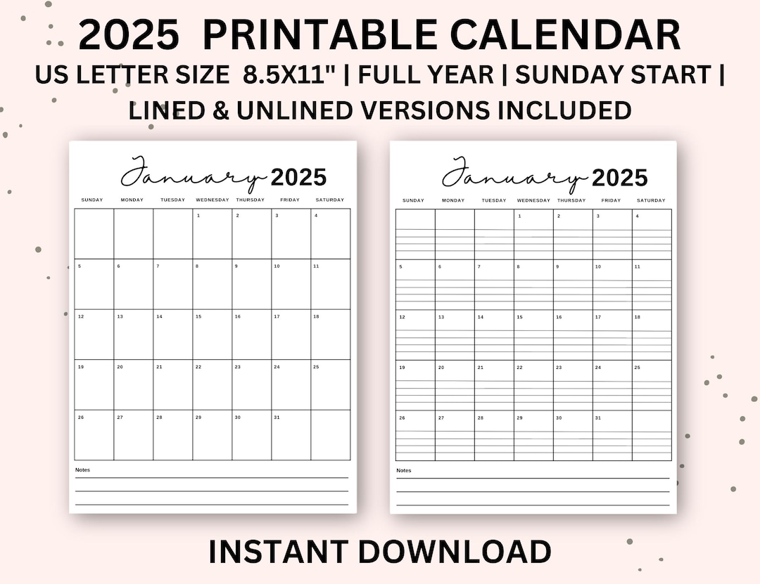 2025 Calendar Printable Portrait| Monthly Calendar With Lines| Monthly ...