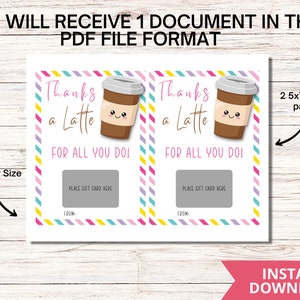 Thanks a Latte Printable| Thank You Gift| Coffee Printable| Teacher ...