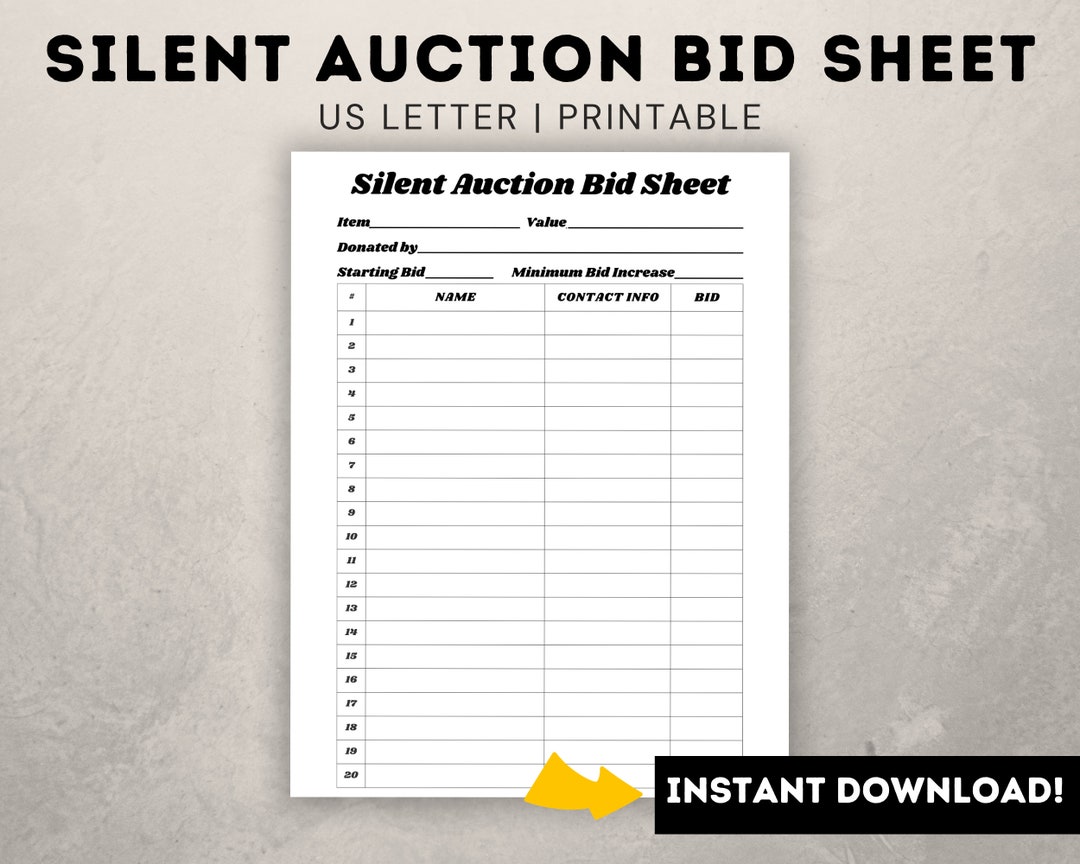Silent Auction Bid Sheet| Silent Auction Form| Fundraiser Event ...