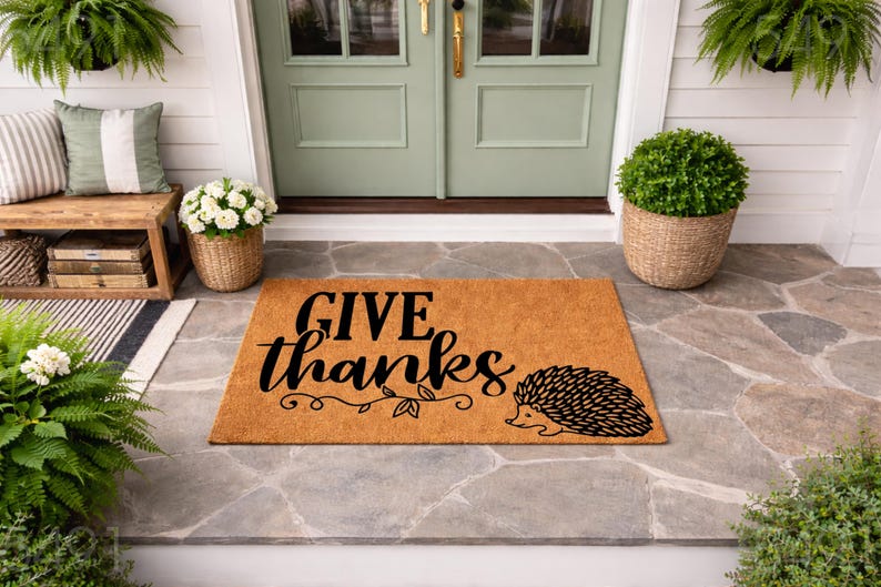 Give Thanks Doormat, Thanksgiving Door Mat, Hedgehog Welcome Mat, Fall ...