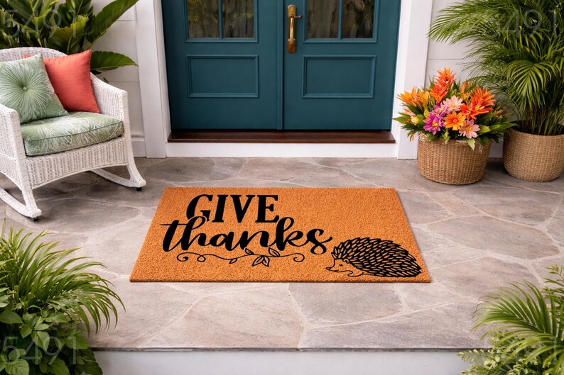 Give Thanks Doormat, Thanksgiving Door Mat, Hedgehog Welcome Mat, Fall ...