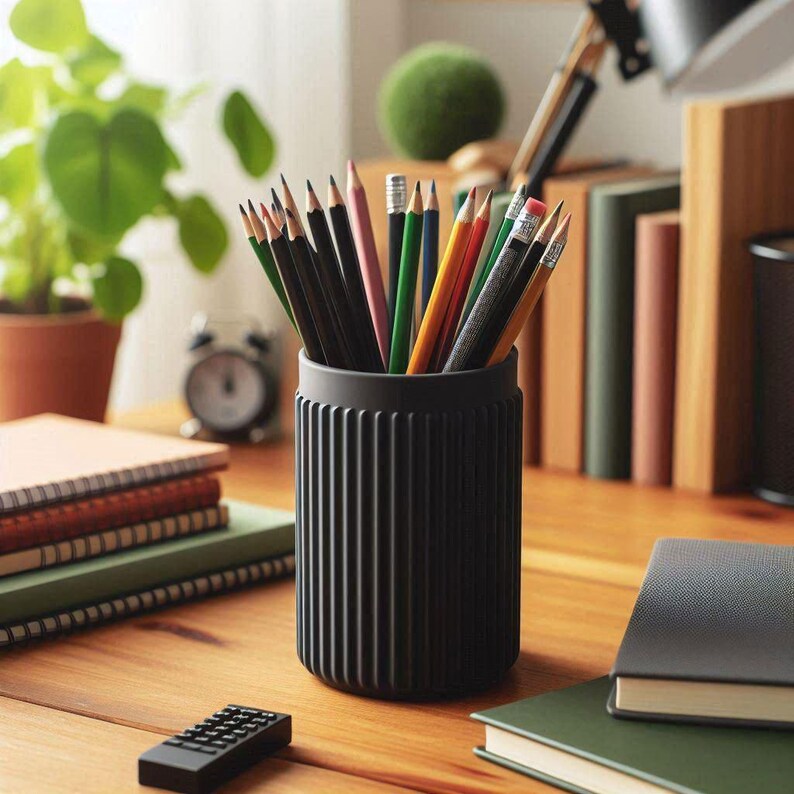 Modern Ribbed Pencil Holder • Stylish Desk Organizer Cup • Handmade Eco ...