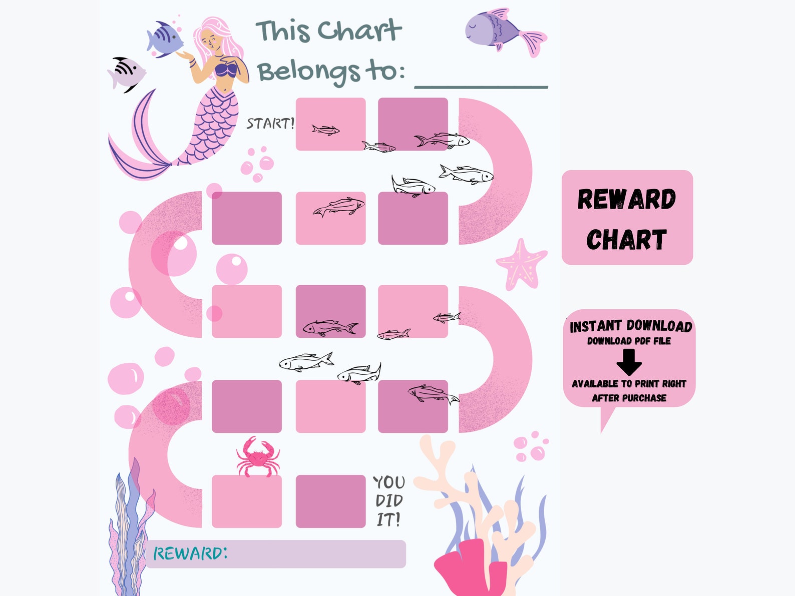 Printable Mermaid Reward Chart | INSTANT DOWNLOAD Children's Reward ...