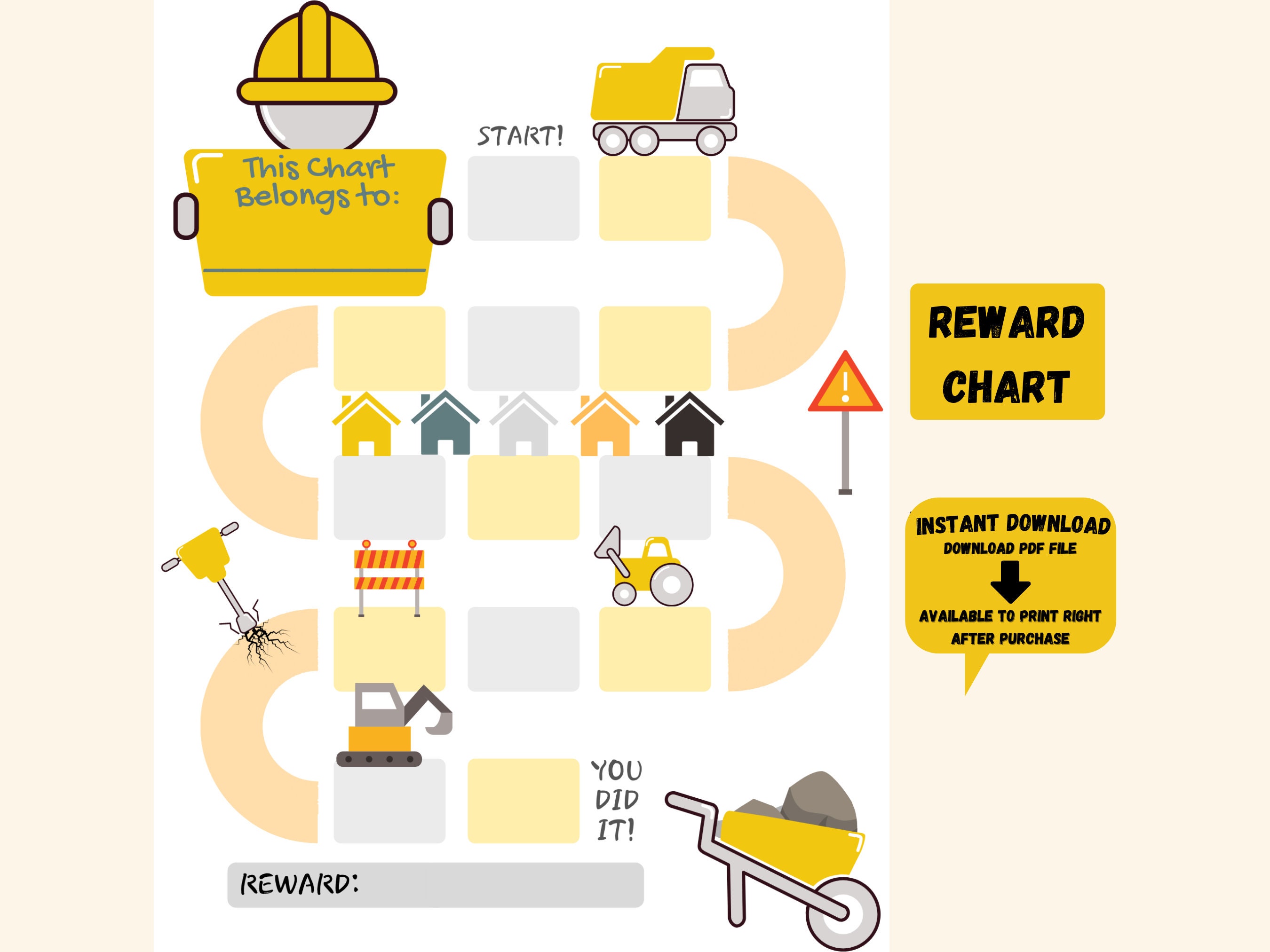 Printable Construction Reward Chart | INSTANT DOWNLOAD Children's ...