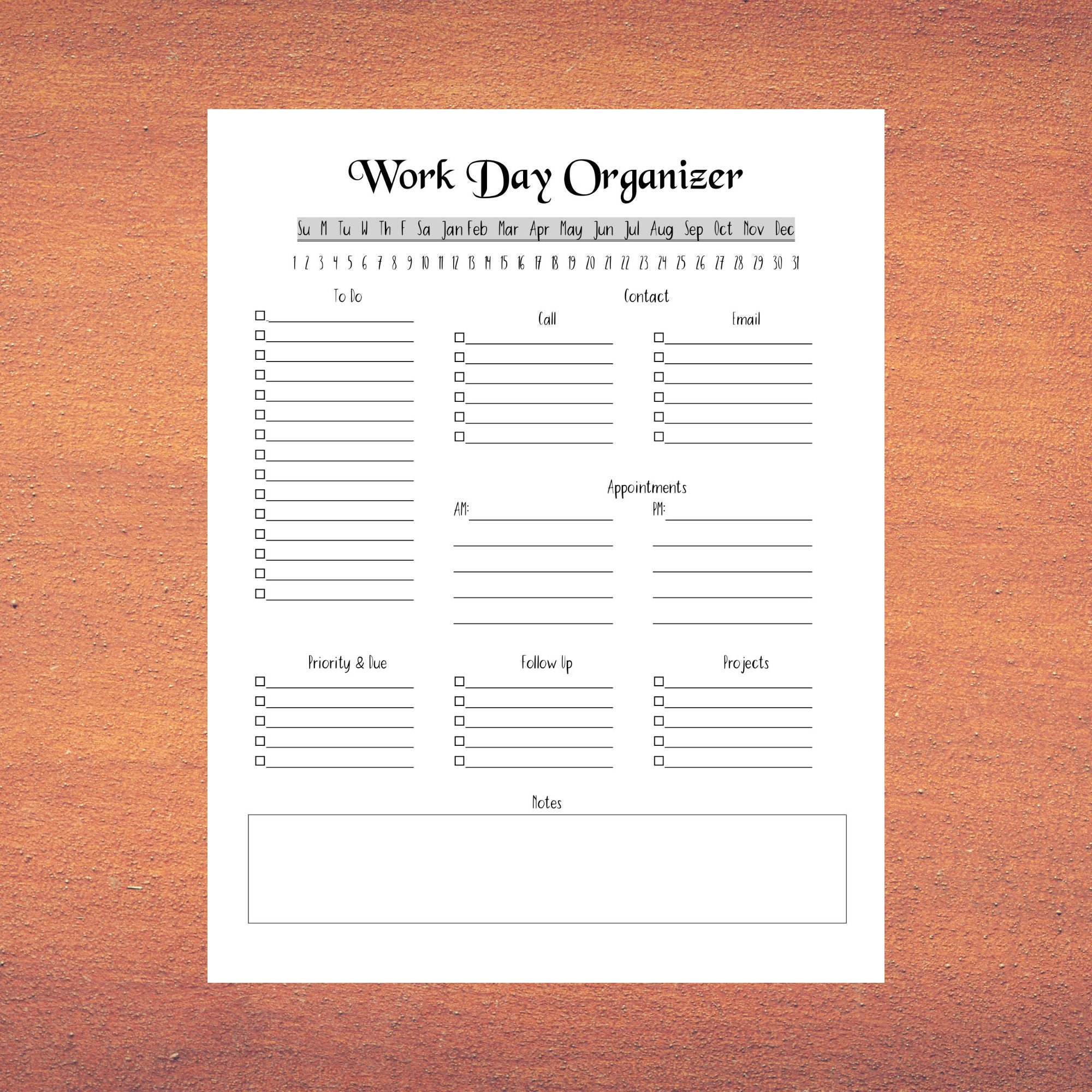 Work Day Organizer - Work Planner, to Do List Organizer, Printable PDF ...